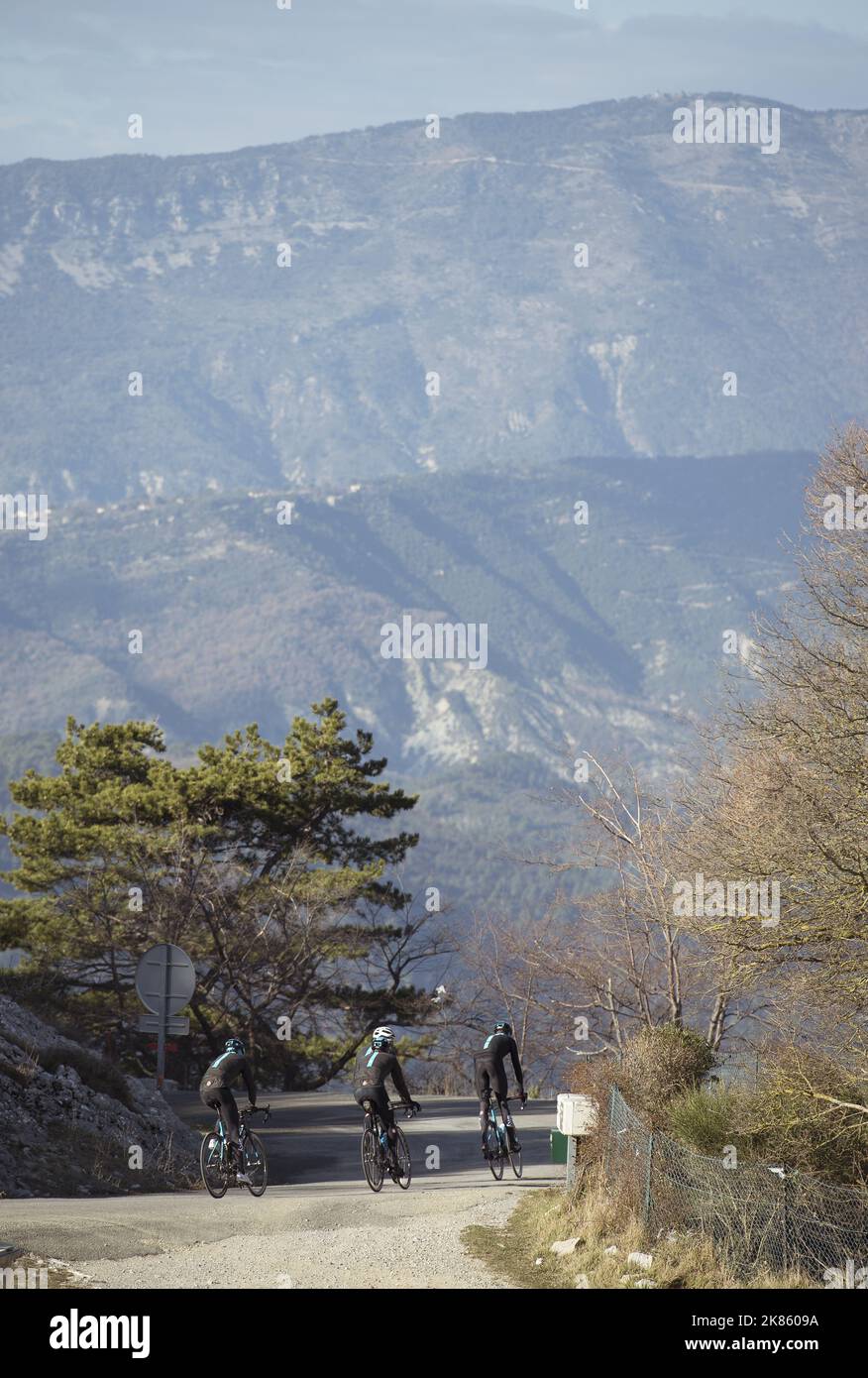 Team SKY riders climbing the Col D'Eze and the Col de la Madone close ...
