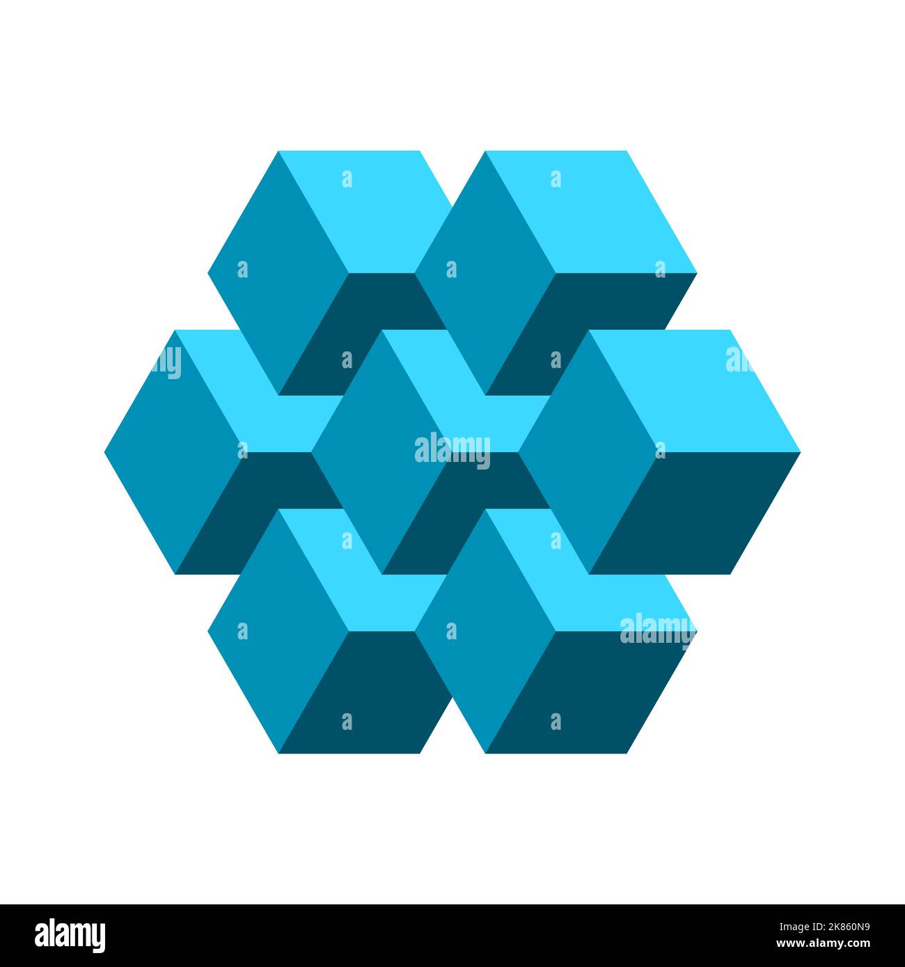 Diamond shaped object made of cubes. 3D Hexagon geometric shape. Mathematics concept. Isometric ...