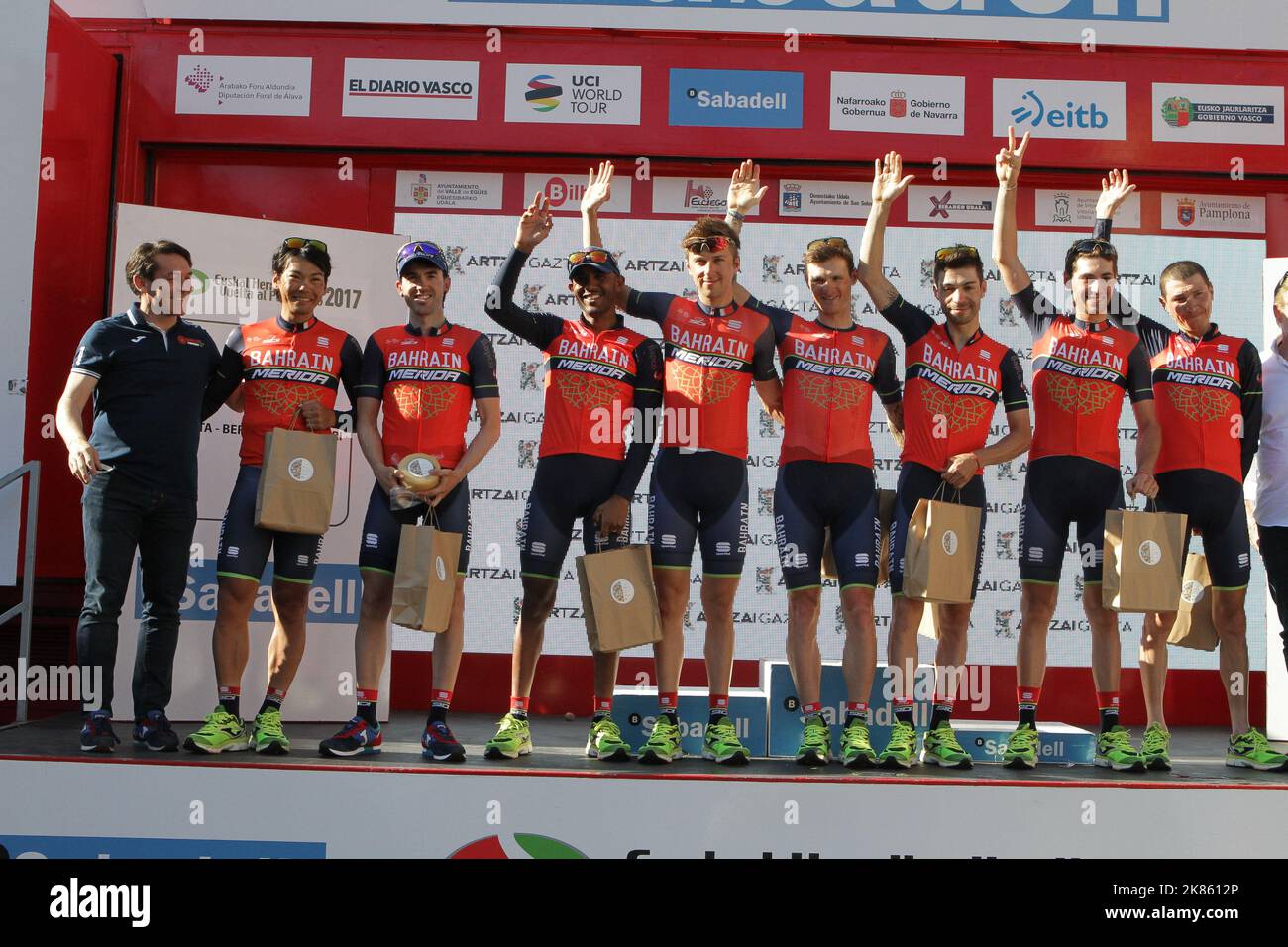 Bahrain Merida take teams prize on the podium Stock Photo - Alamy