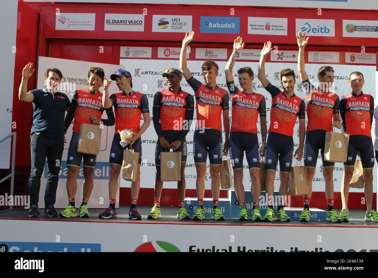 Bahrain Merida take teams prize on the podium Stock Photo - Alamy