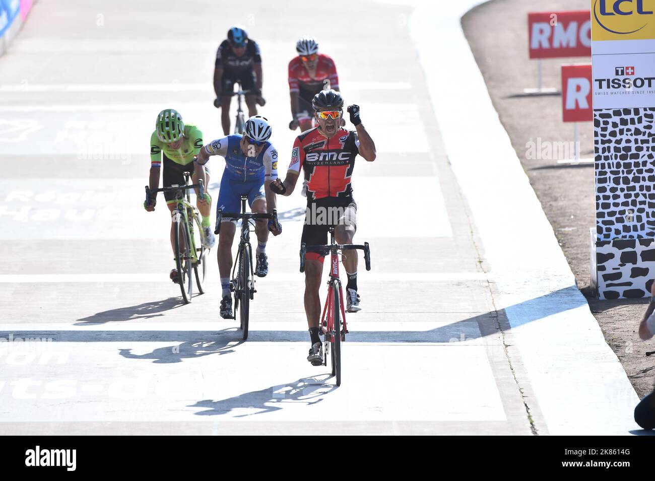 Greg Van Avermaet crosses the finish line of the 2017 Paris Roubaix ...