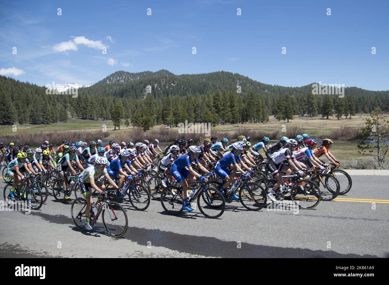The women's peloton, led by Boels-Dolmans, in the Sierra Mountains ...