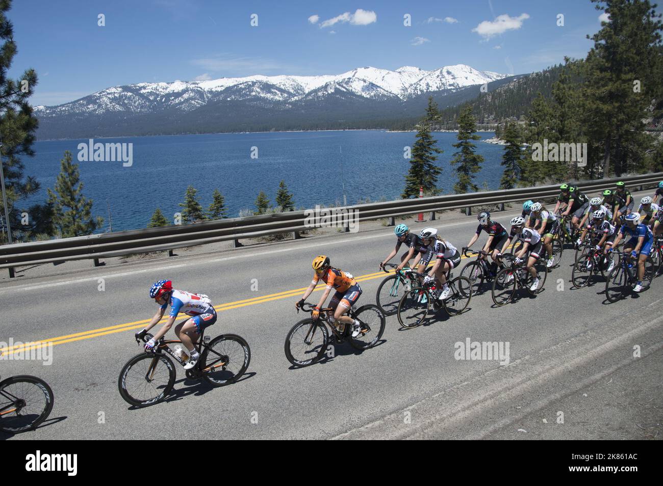 Megan Guarnier and Boels-Doelmans on the front of the peloton above ...