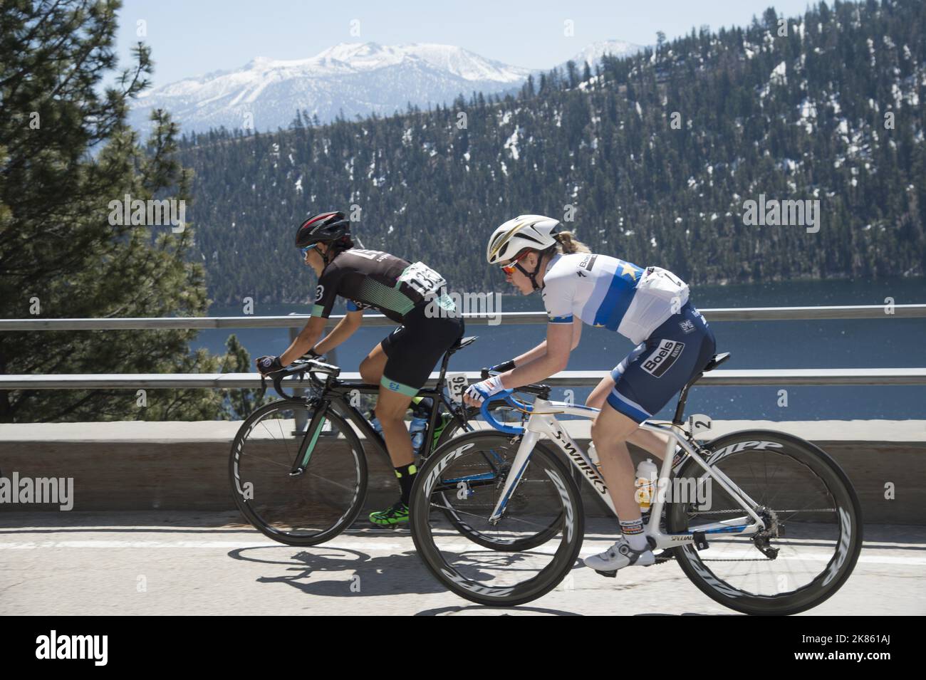 Anna Van Der Breggen and LIzzie Williams high above Emerald Bay, Women ...