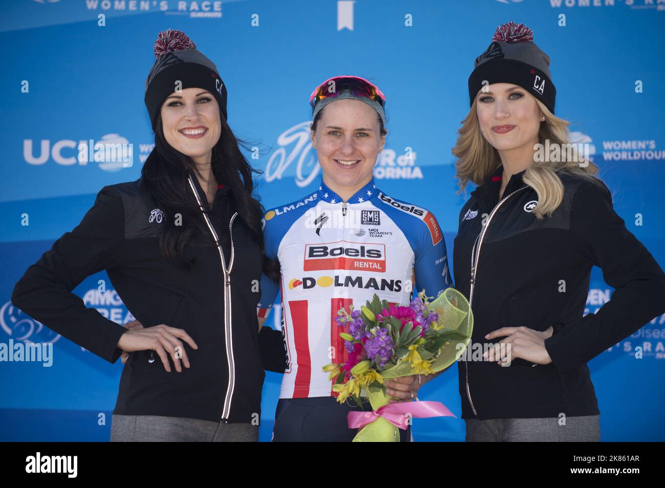 Megan Guarnier, winner of Stage 1 on the podium for Boels-Dolmans ...