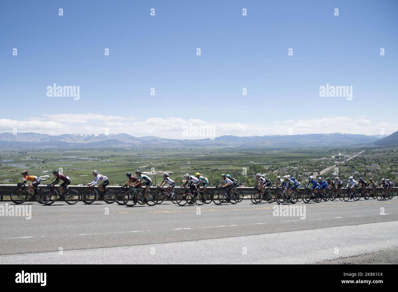 Karol-Ann Canuel leads the peloton on the long Kingsbury Grade climb ...