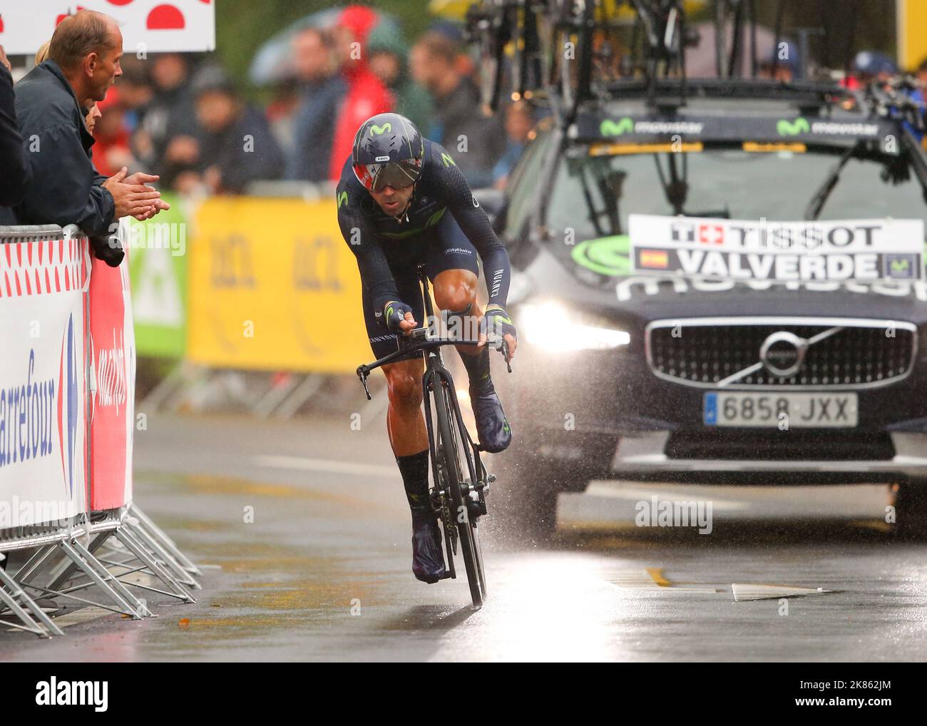 Spaniard Alejandro Valverde (Movistar Team) pushes hard into the first ...
