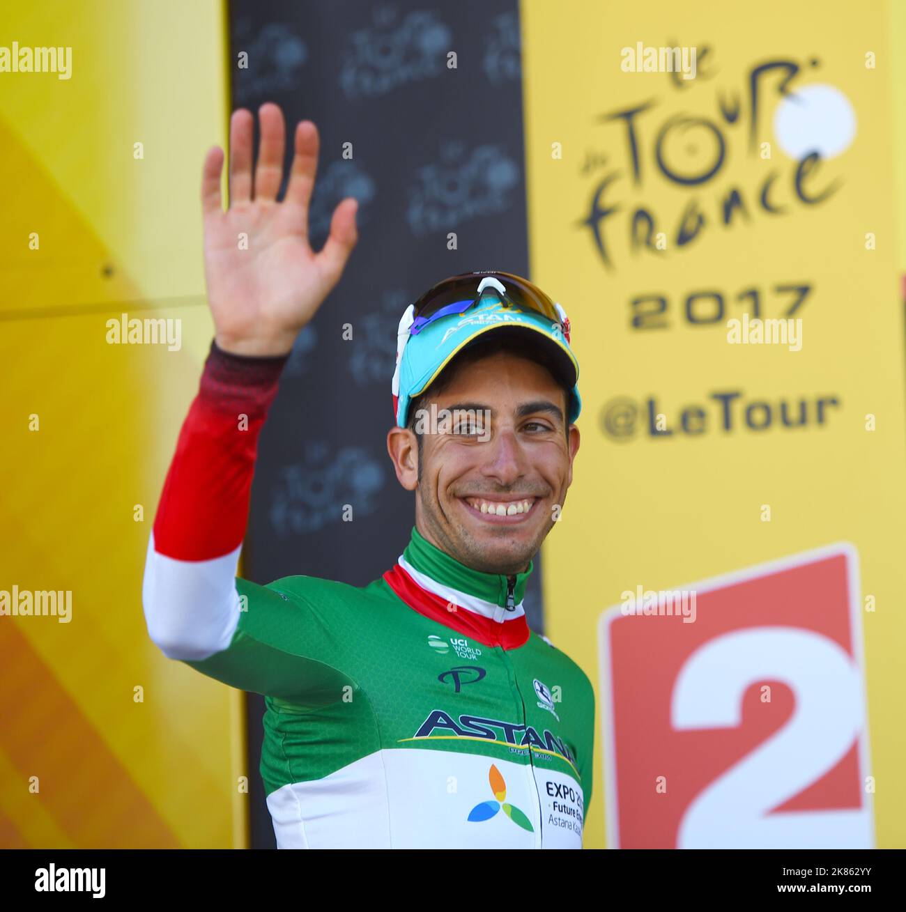 Italy's Fabio Aru Astana Pro Cycling on the podium after winning stage ...