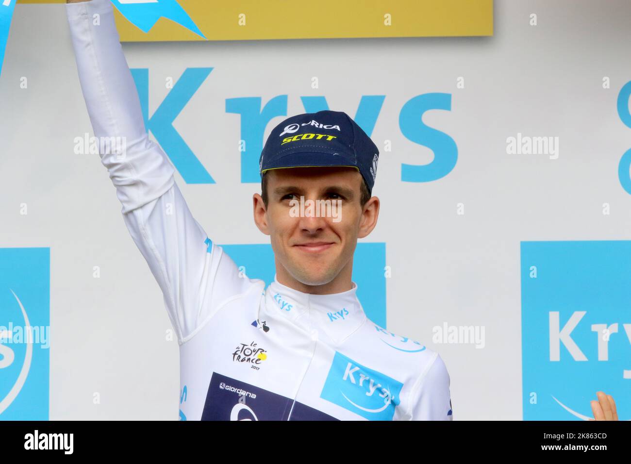 Great Britain Simon Yates of Orica - Scott celebrates on the podium in ...
