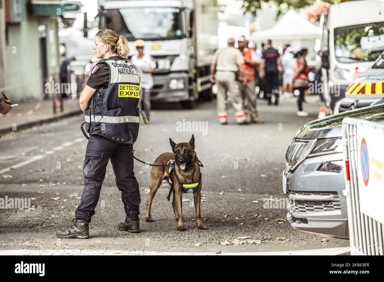 The police patrol the finish location of the Tour de France in Foix ...