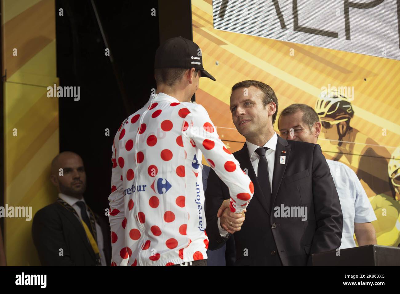 President Emmanuel Macron of France congratulates the French mountain ...