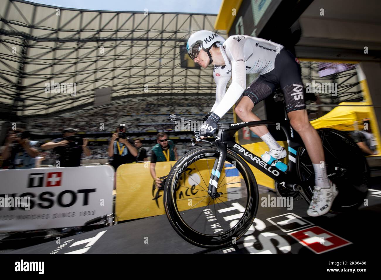 Great Britain's Luke Rowe is the first rider at the start of the ...