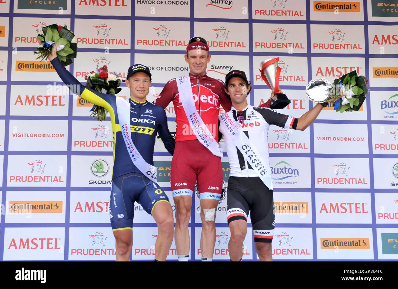 Team Katusha Alpecin's Alexander Kristoff (centre) celebrates on the ...