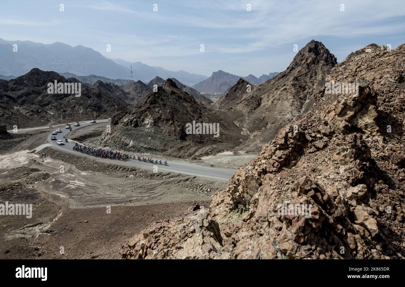 The peloton traverse the Climb of Fanja in Stage 2 Tour of Oman 2018 ...