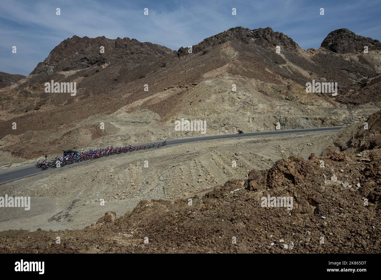 The peloton traverse the Climb of fanja in Stage 2 Tour of Oman 2018 ...