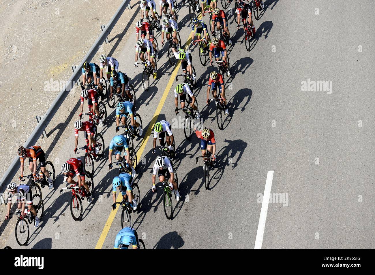The peleton in the final 20km of seen from above Stage 3 Tour of Oman ...