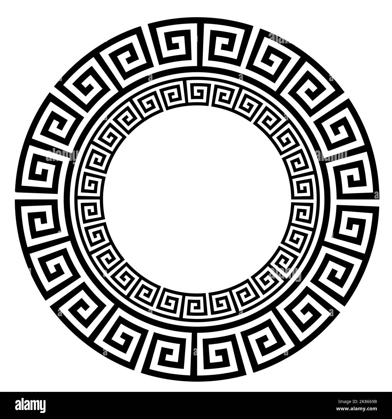 Greek round frame. Ancient Greek key black frame pattern, round antique ...