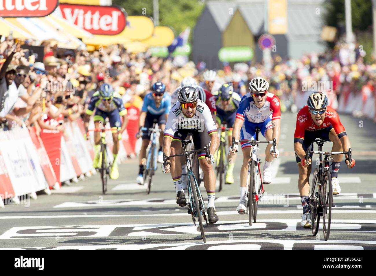 Peter Sagan for team Bora Hansgrohe wins the stage in a sprint finish ...