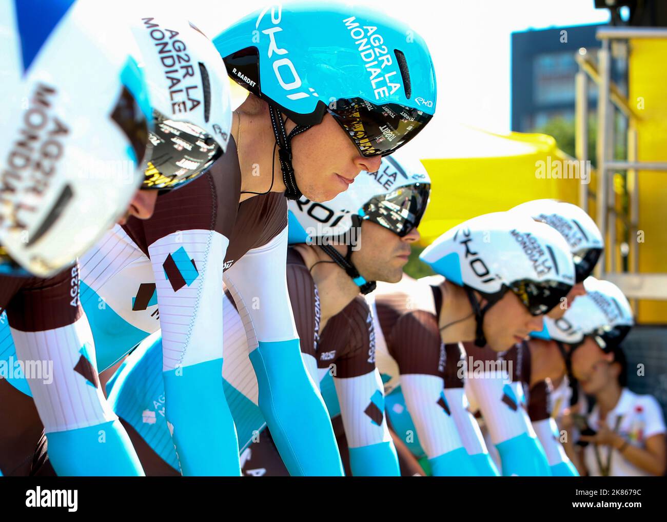 AG2R take to the start ramp ready for the off Stock Photo - Alamy