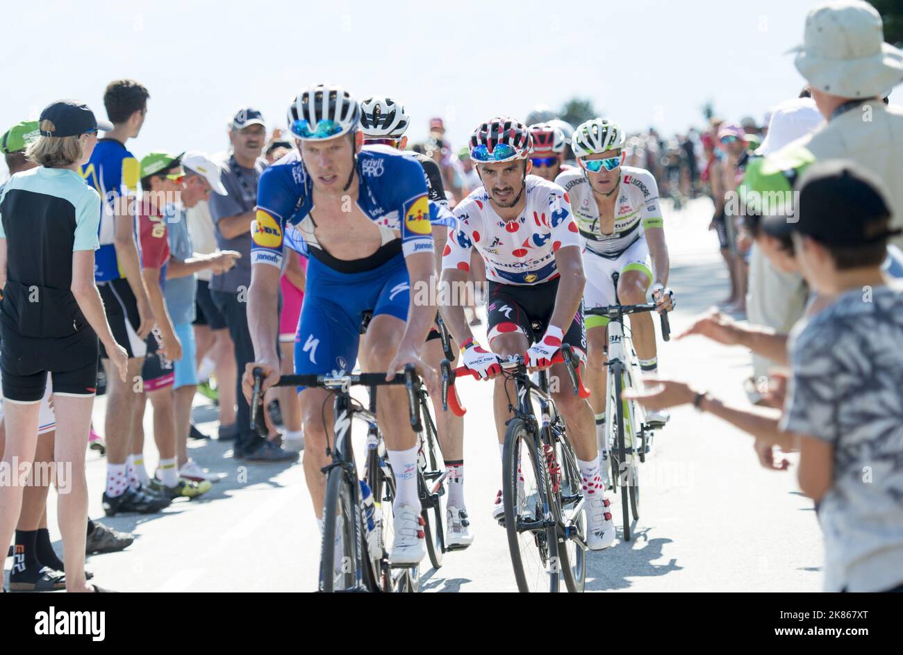 Julian Alaphilippe in the polka dot King of the Mountains jersey Stock ...