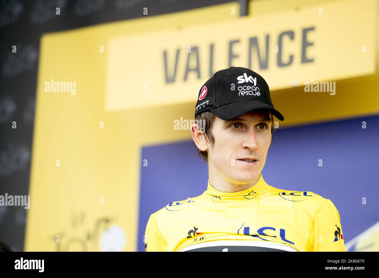 Great Britain's Geraint Thomas crosses the finish line and retains his ...
