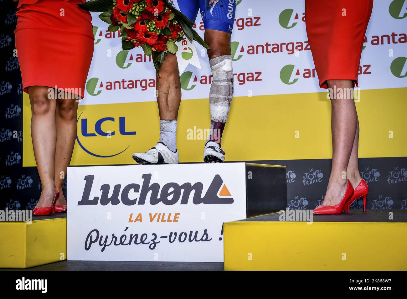 Philippe Gilbert for Quick Step Floors on the podium after a crash on ...