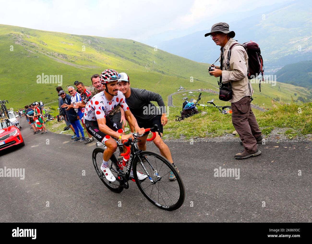 Polka dot jersey wearer Julian Alaphilippe, (Quick-step Floors) getting ...