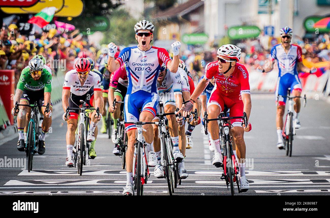 Arnaud Demare crosses the finish line during Stage 18 of the Tour de ...