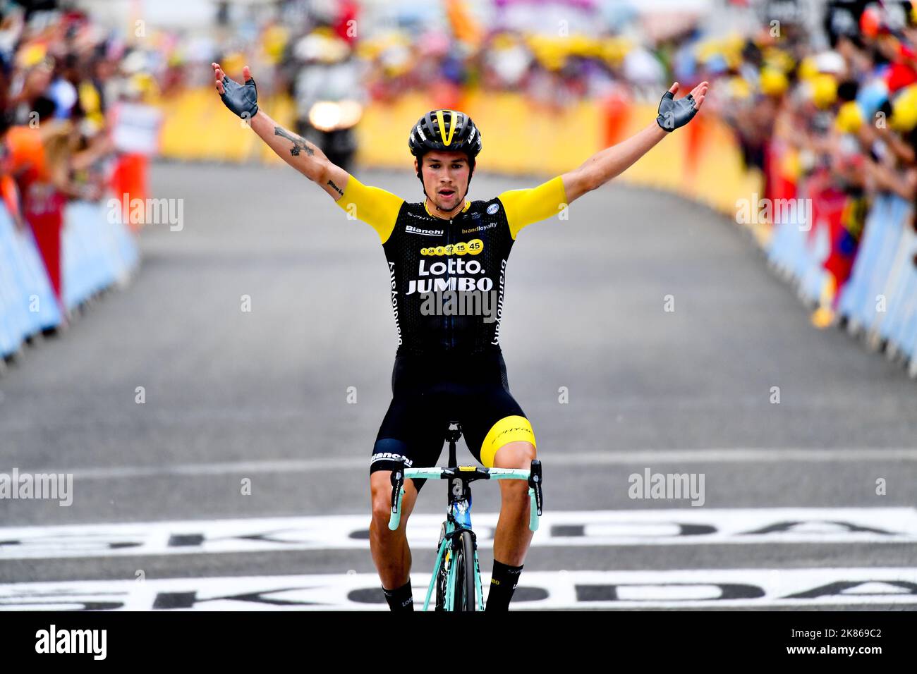 Primoz Roglic (LottoJumbo NL) celebrating as he crosses the line in ...