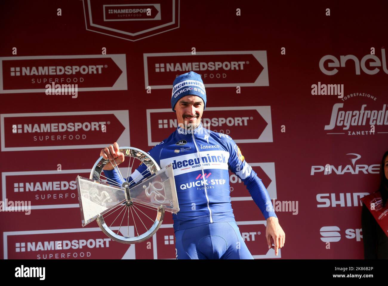 Frenchman Julian Alaphillippe (Deceuninck-Quick-Step) holds the winners ...