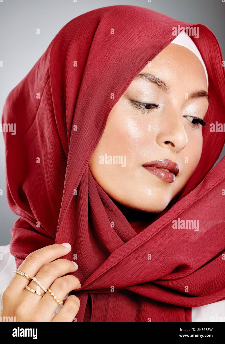 Hijab, muslim and fashion of woman in beauty headshot with red lipstick ...