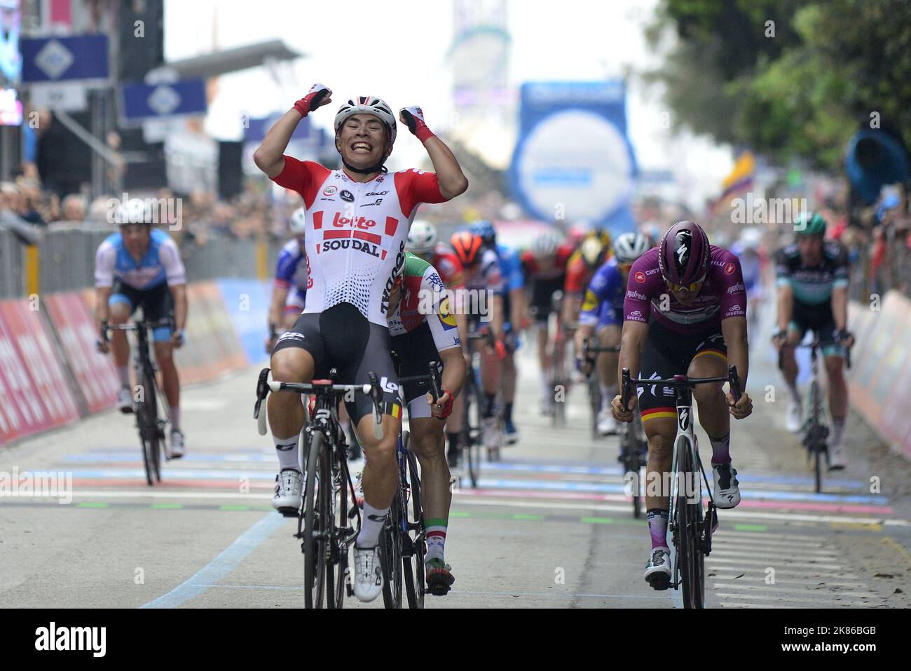 Caleb Evan celebrates as he wins the sprint with Elia Viviani placing ...