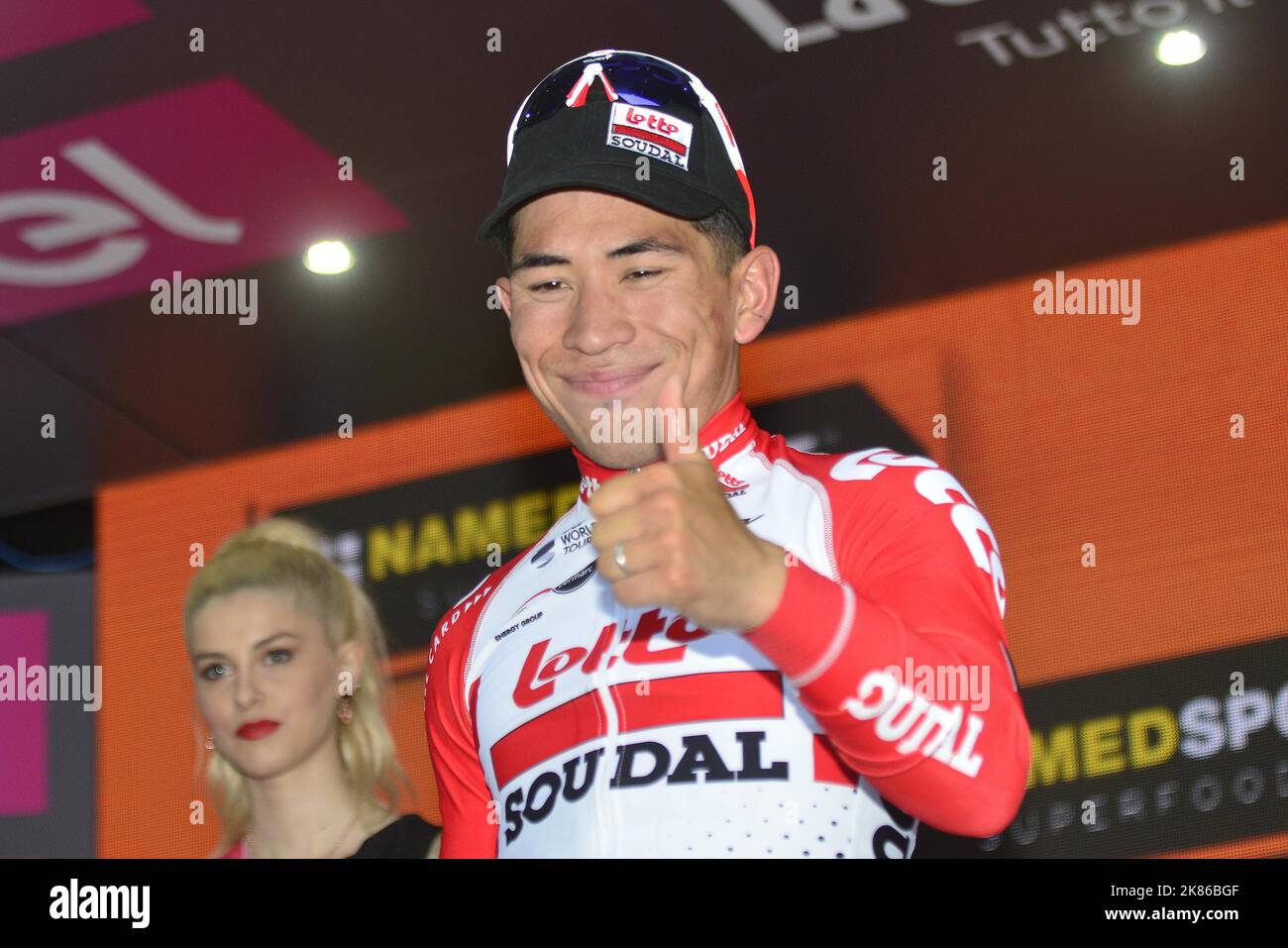 Caleb Evan celebrates on stage after winning stage 8 of the Giro d ...