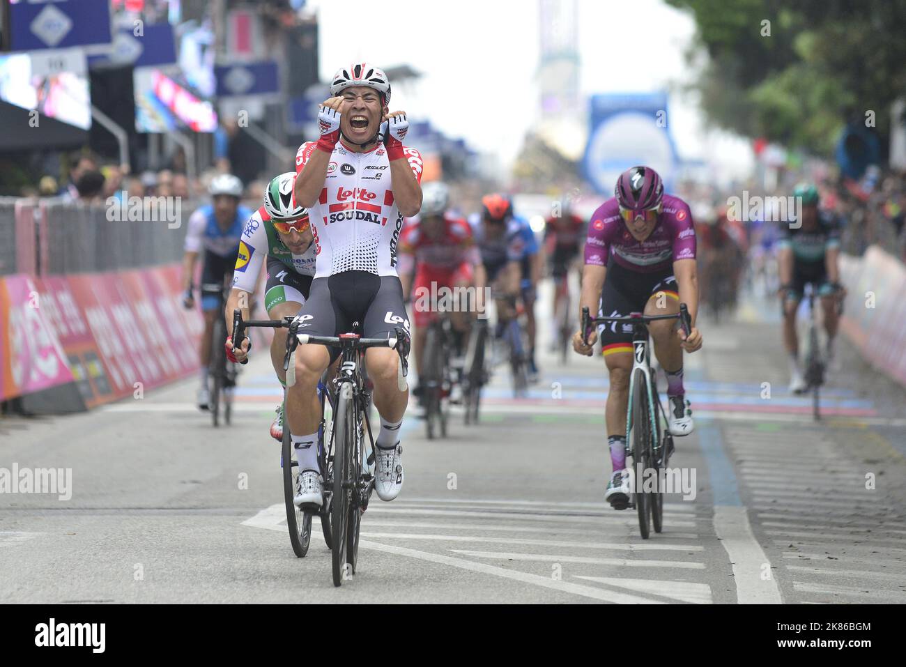 Caleb Evan celebrates as he wins the sprint with Elia Viviani placing ...