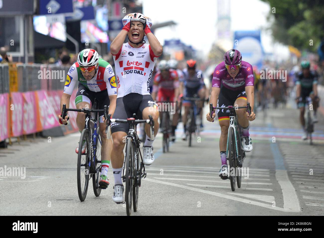 Caleb Evan celebrates as he wins the sprint with Elia Viviani placing ...
