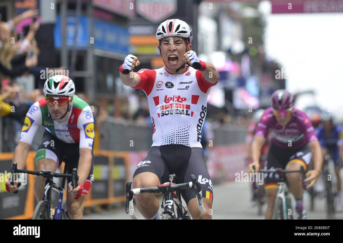 Caleb Evan celebrates as he wins the sprint with Elia Viviani placing ...