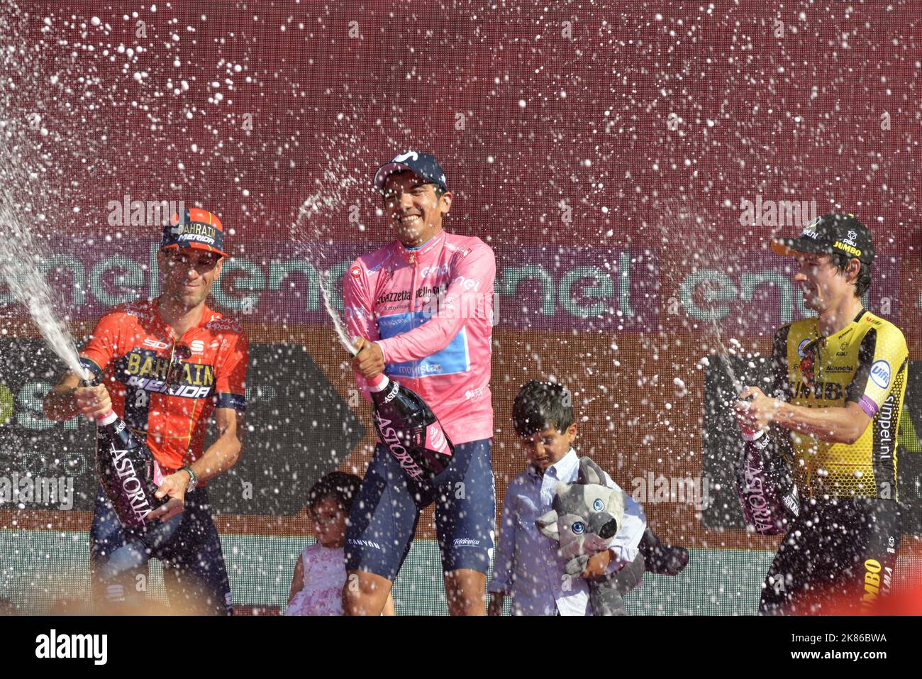The podium of the Giro: Vincenzo Nibali (left), Richard Carapaz (centre ...