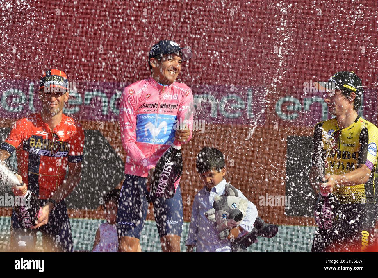 The podium of the Giro: Vincenzo Nibali (left), Richard Carapaz (centre ...