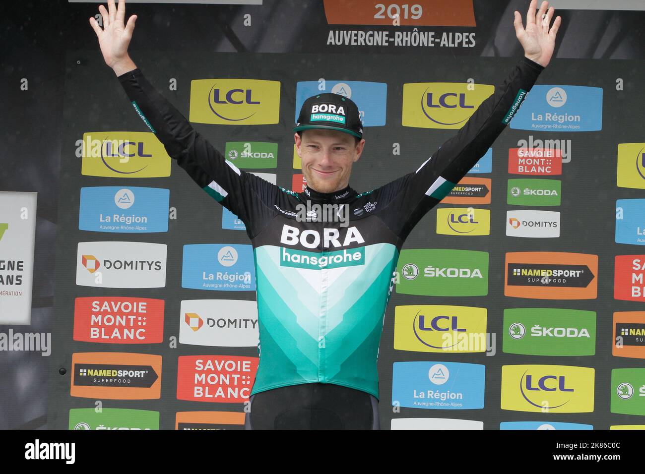 Irelandâ€™s Sam Bennett (Bora-Hansgrohe) celebrates winning stage 3 of ...