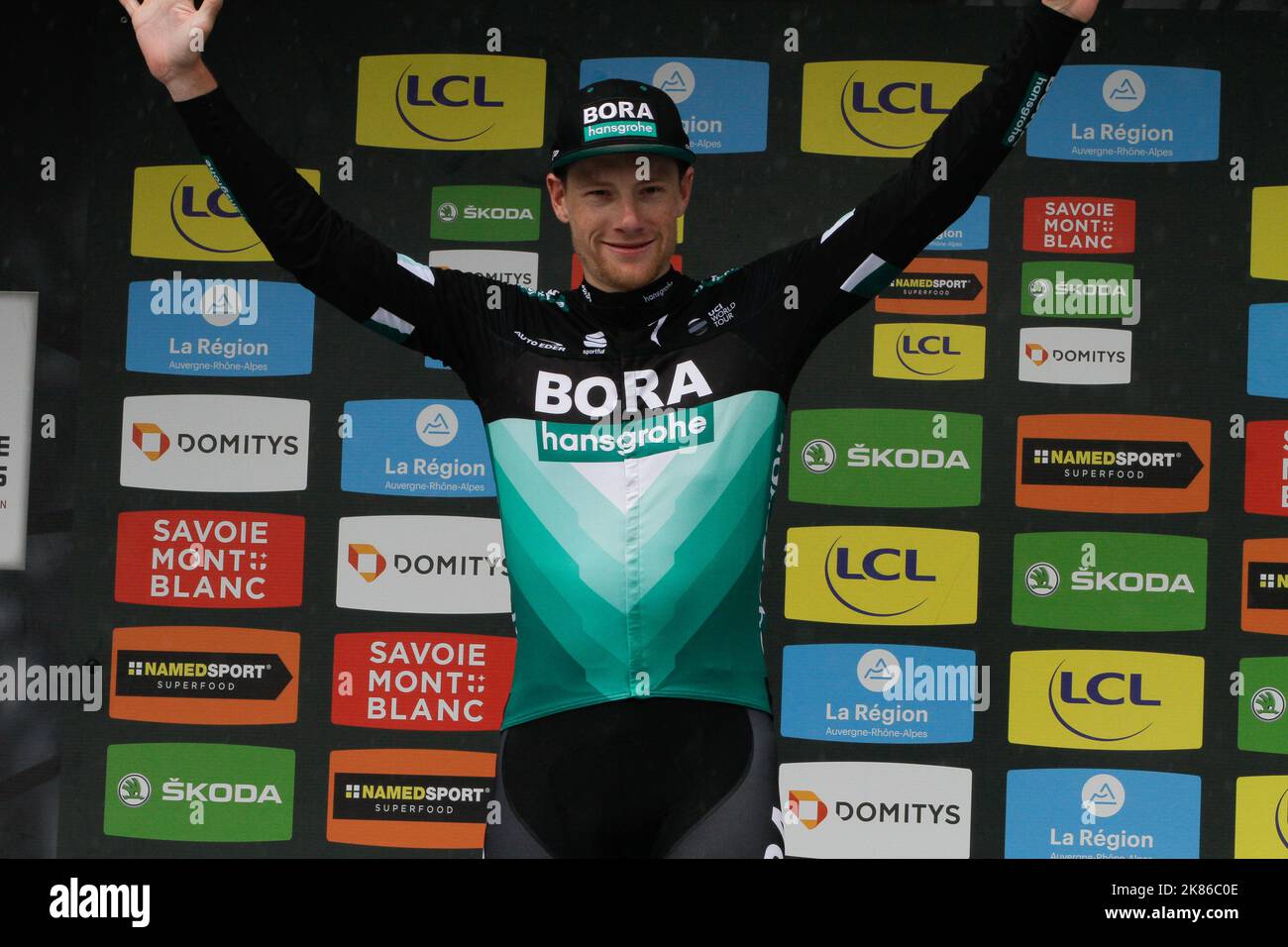 Irelandâ€™s Sam Bennett (Bora-Hansgrohe) celebrates winning stage 3 of ...