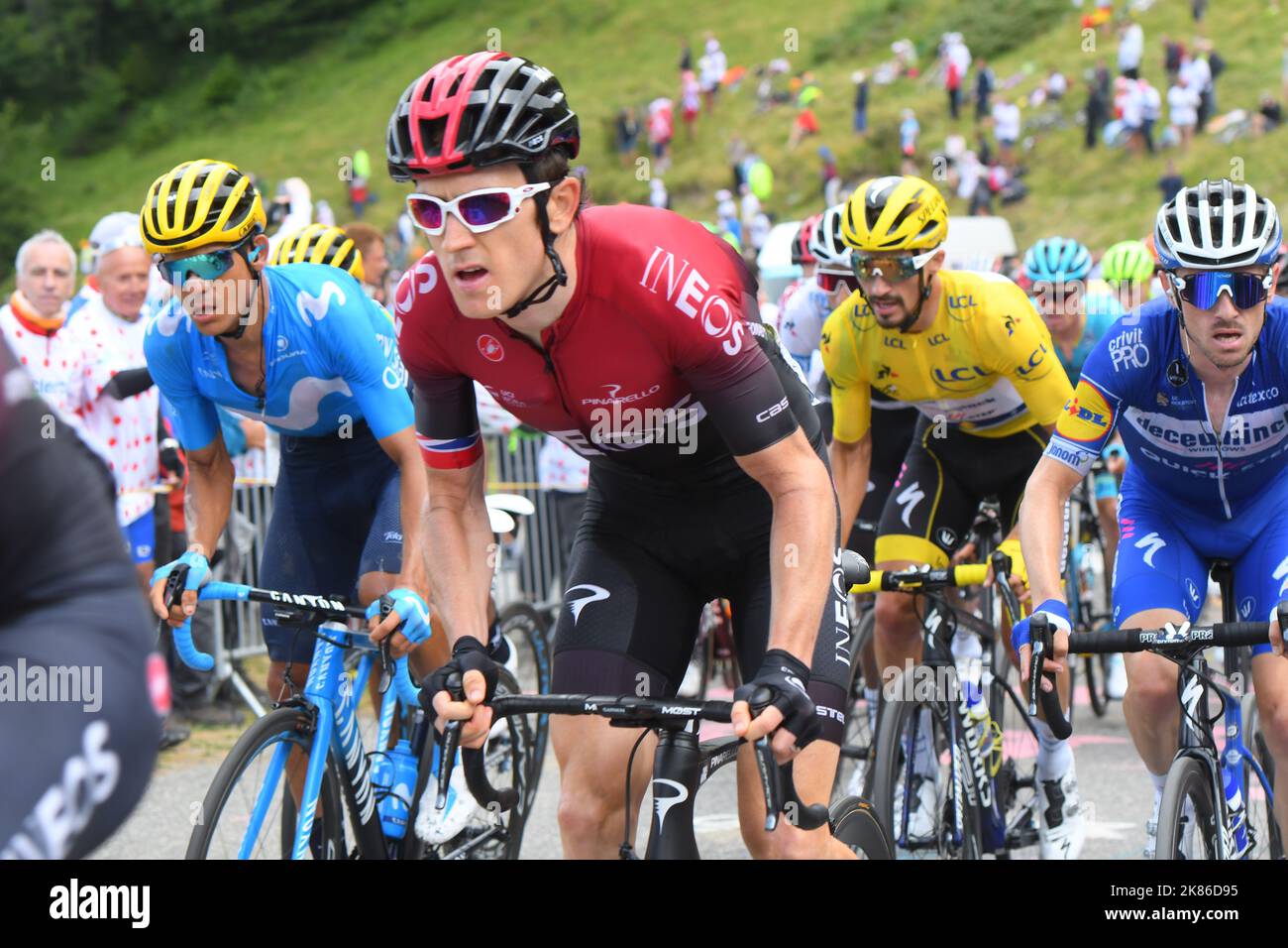 Geraint Thomas of Team Ineos just ahead of race leader julian ... Geraint Thomas of Team Ineos just ahead of race leader julian ...