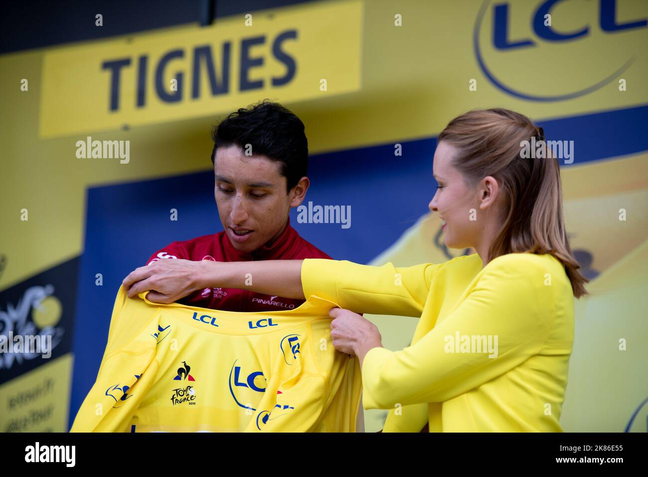 Columbian Egan Bernal for team Ineos the new overall leader of the Tour ...