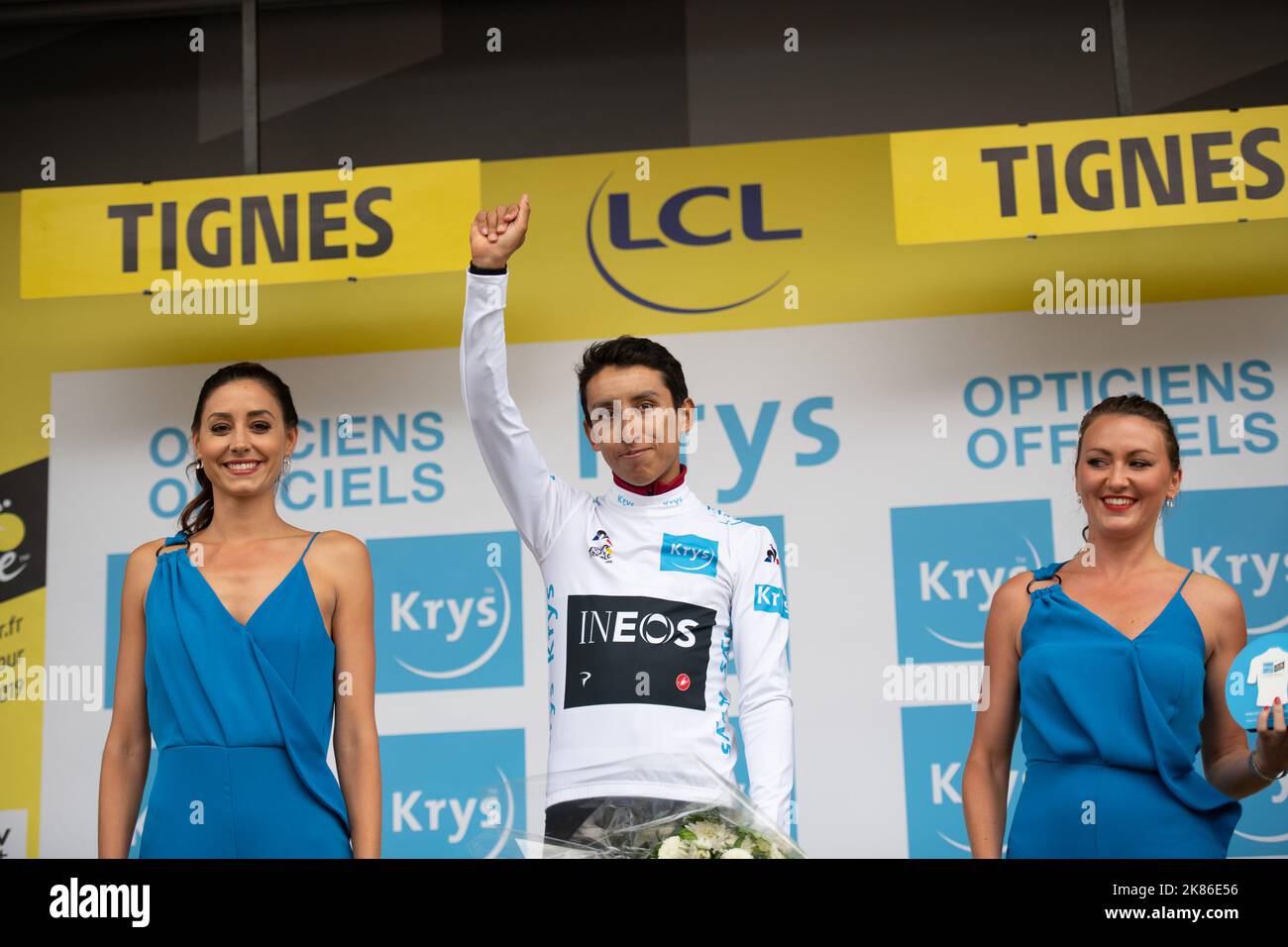 Columbian Egan Bernal for team Ineos the new overall leader stands on ...
