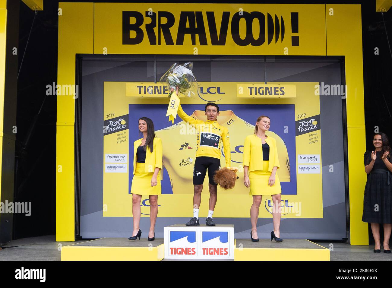Columbian Egan Bernal for team Ineos the new overall leader of the Tour ...