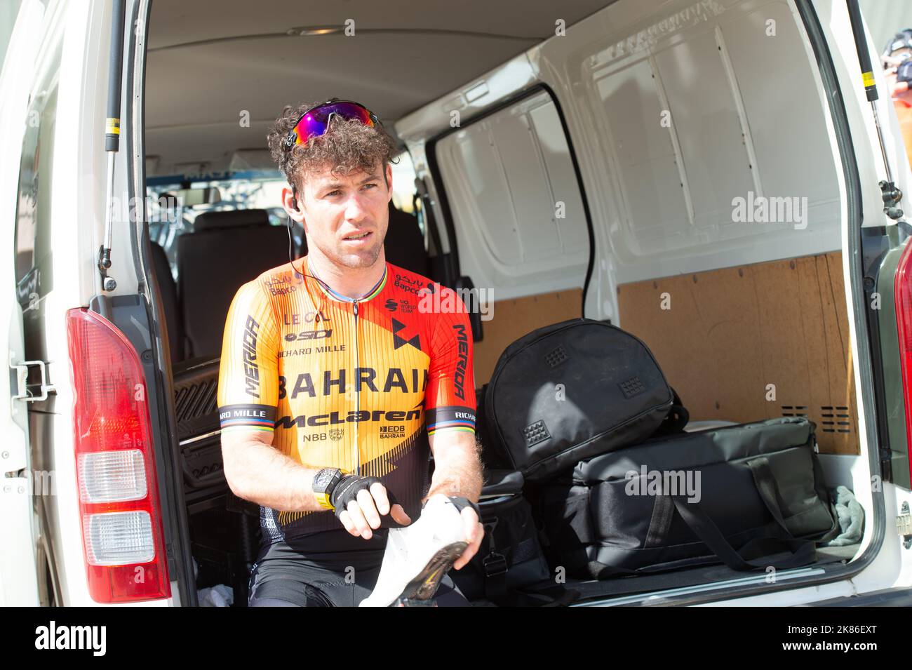 Mark Cavendish in his new team Bahrain Mclaren prepares for the stage ...