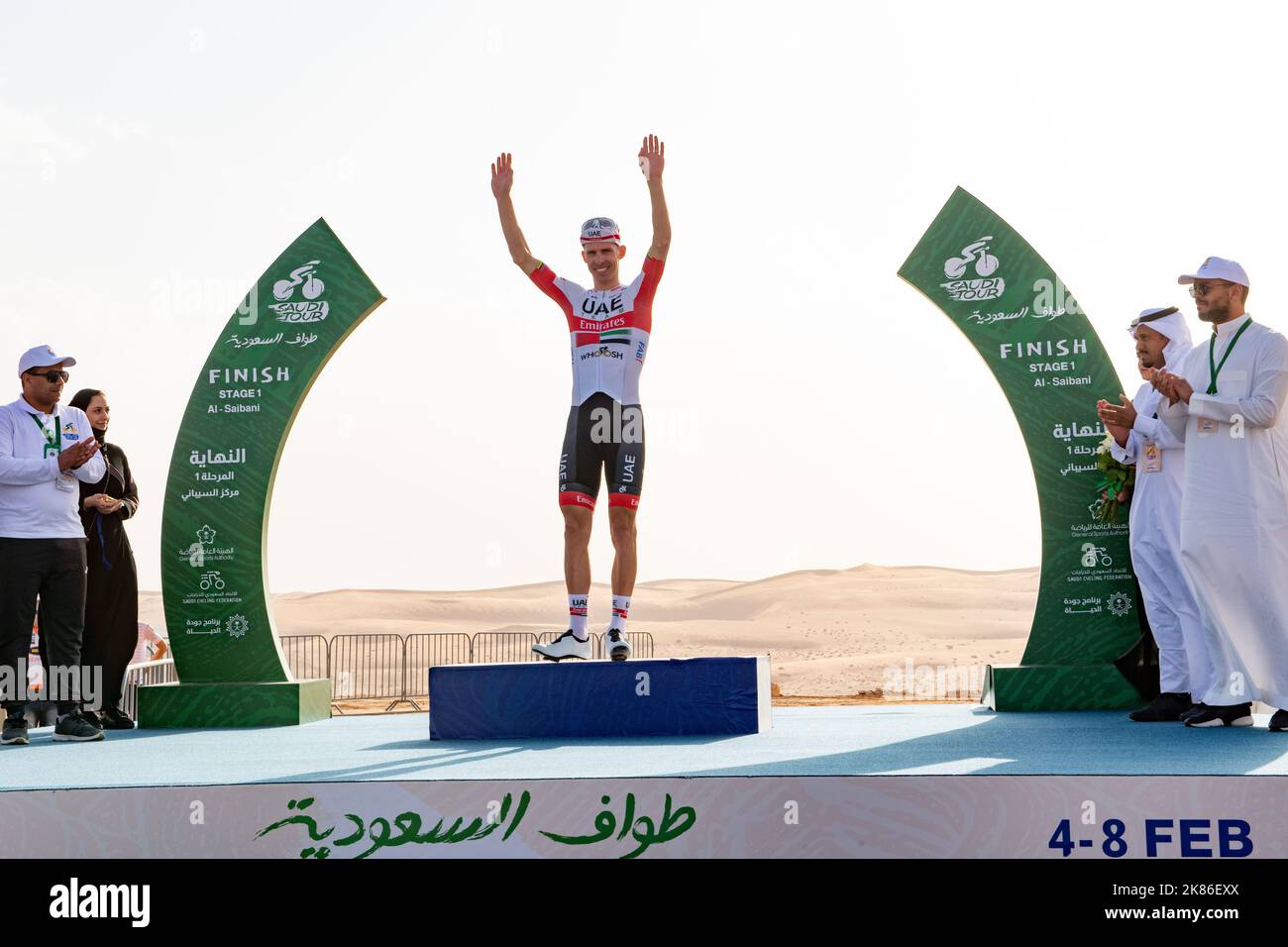 Rui Costa for team UAE Emirates stands on the podium after winning the ...