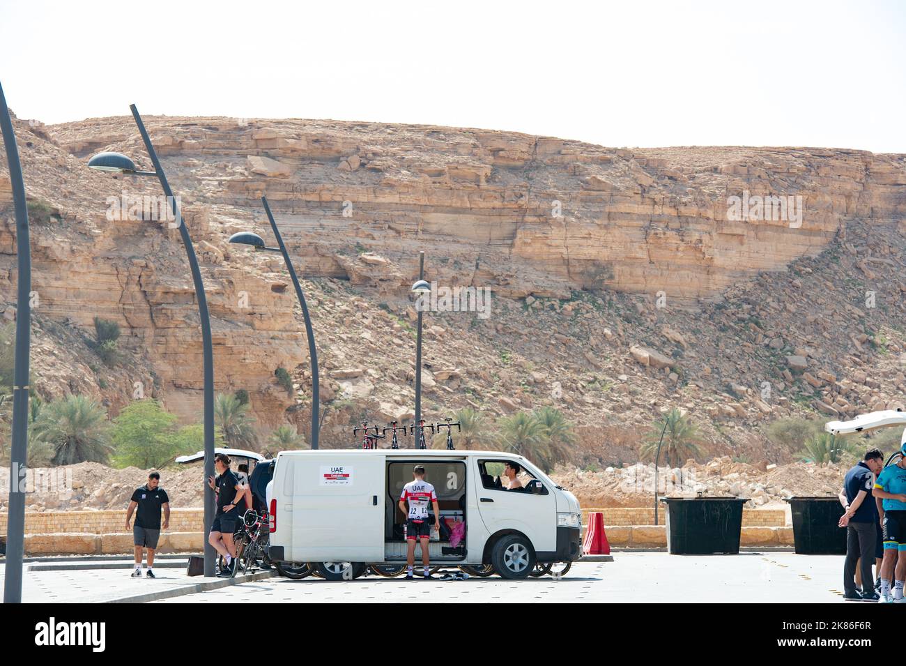 The UAE team at the bus before the race in the Saudi Tour 2020 Stock ...