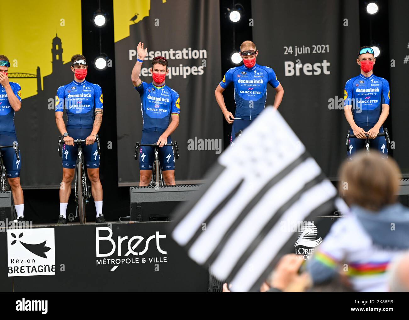 Mark Cavendish (GBR) with the rest of the DECEUNINCK - QUICK - STEP team being introduced at the ...