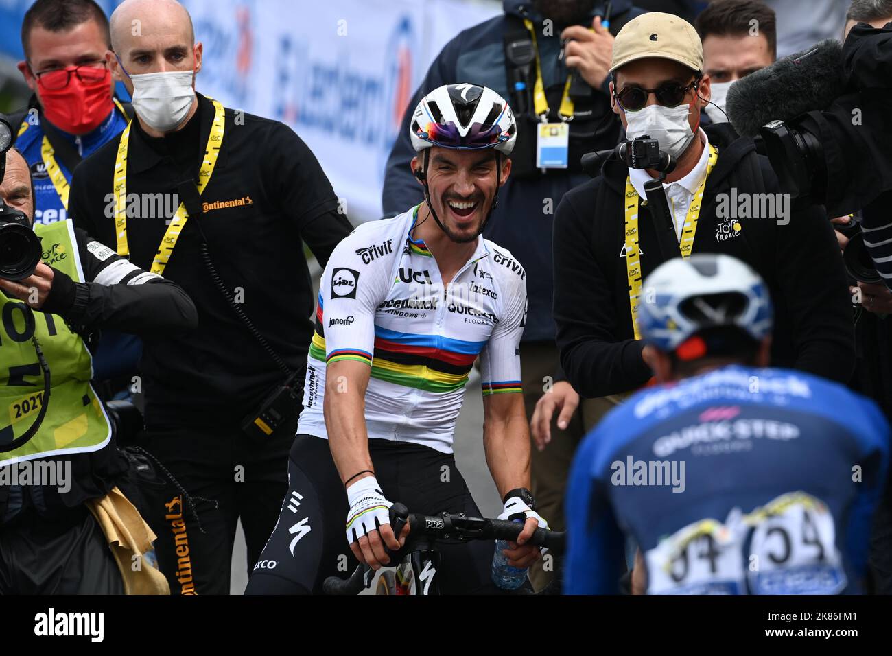 Julian Alaphilippe for team Deceuninck Quick Step celebrates winning ...