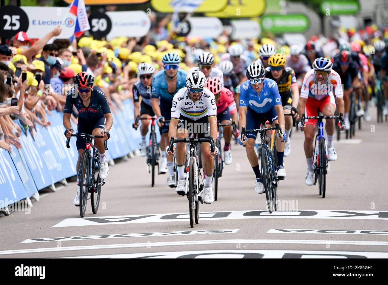 Julian Alaphilippe for Deceuninck Quick Step crosses the finish line ...